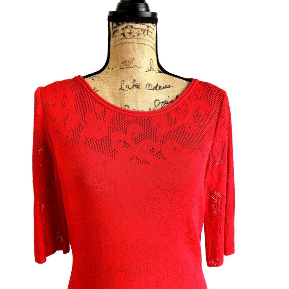St. John | Dresses | St John Red Knit Sheath Dress Size Crew Neck Elbow ...